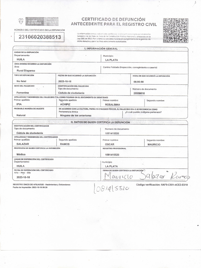 Certificado de Defuncion | PDF