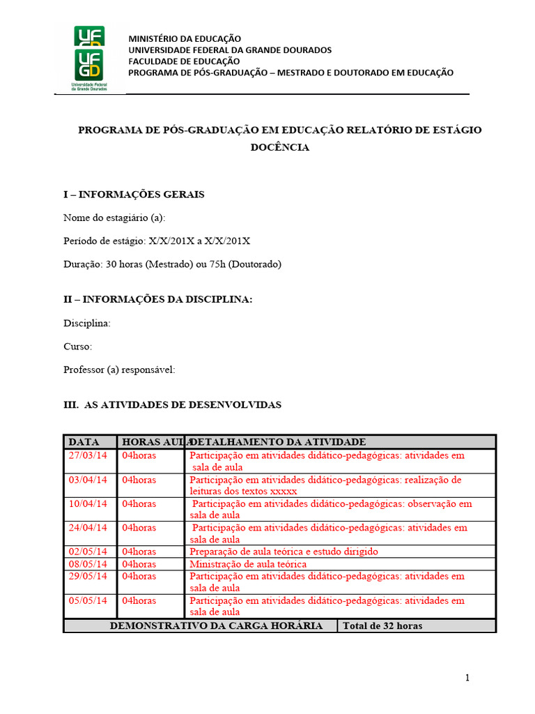 Modelo de Relatório de Estágio de Docência | PDF | Pós-graduação | Mestrado