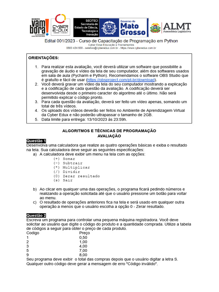 Prova Algoritmos E Técnicas De Programação Pdf Algoritmos Programas