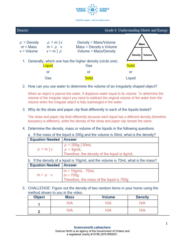 April 20 Grade 8 Density Answers ENG | PDF | Density | Buoyancy