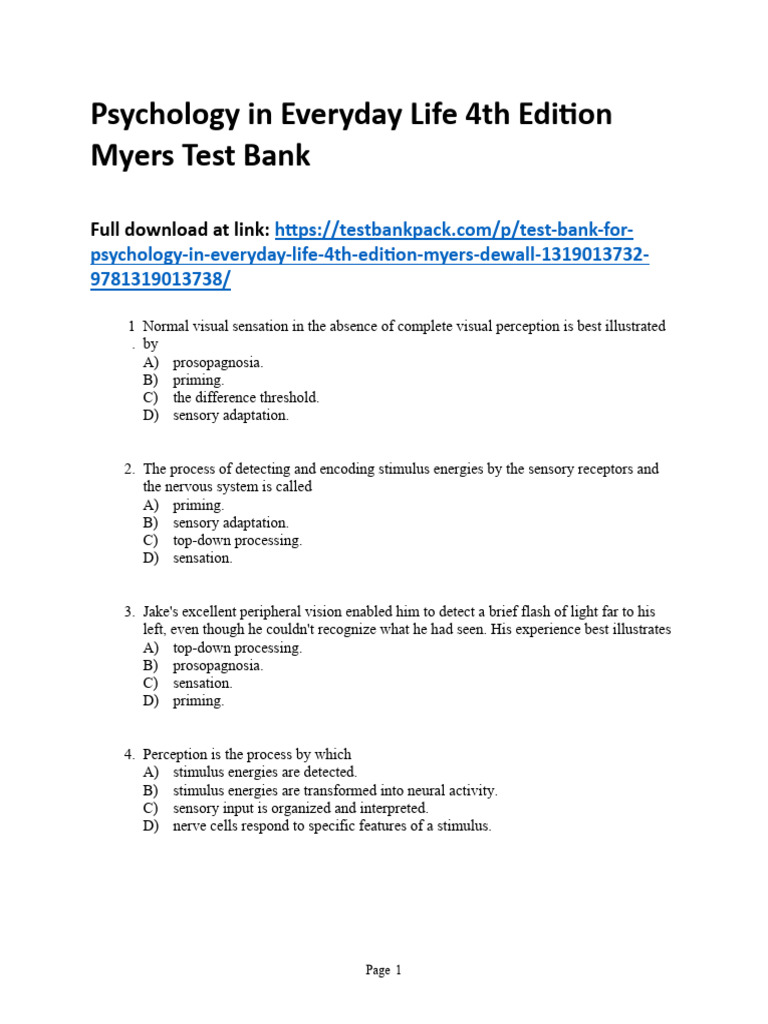 Psychology in Everyday Life 4th Edition Myers Test Bank 1 | PDF