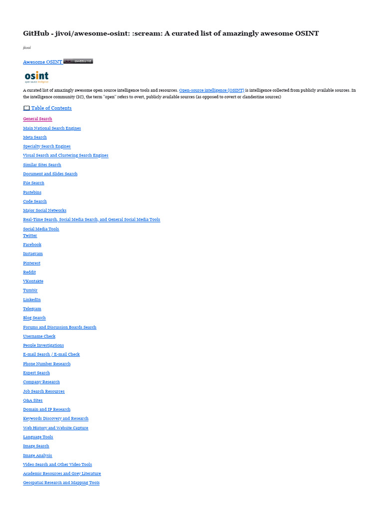 GitHub - Jivoi - Awesome-Osint Scream A Curated List of Amazingly Awesome OSINT | PDF