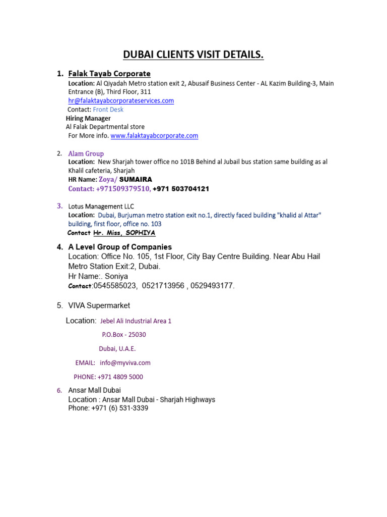 Dubai Client Visit Locations List | PDF