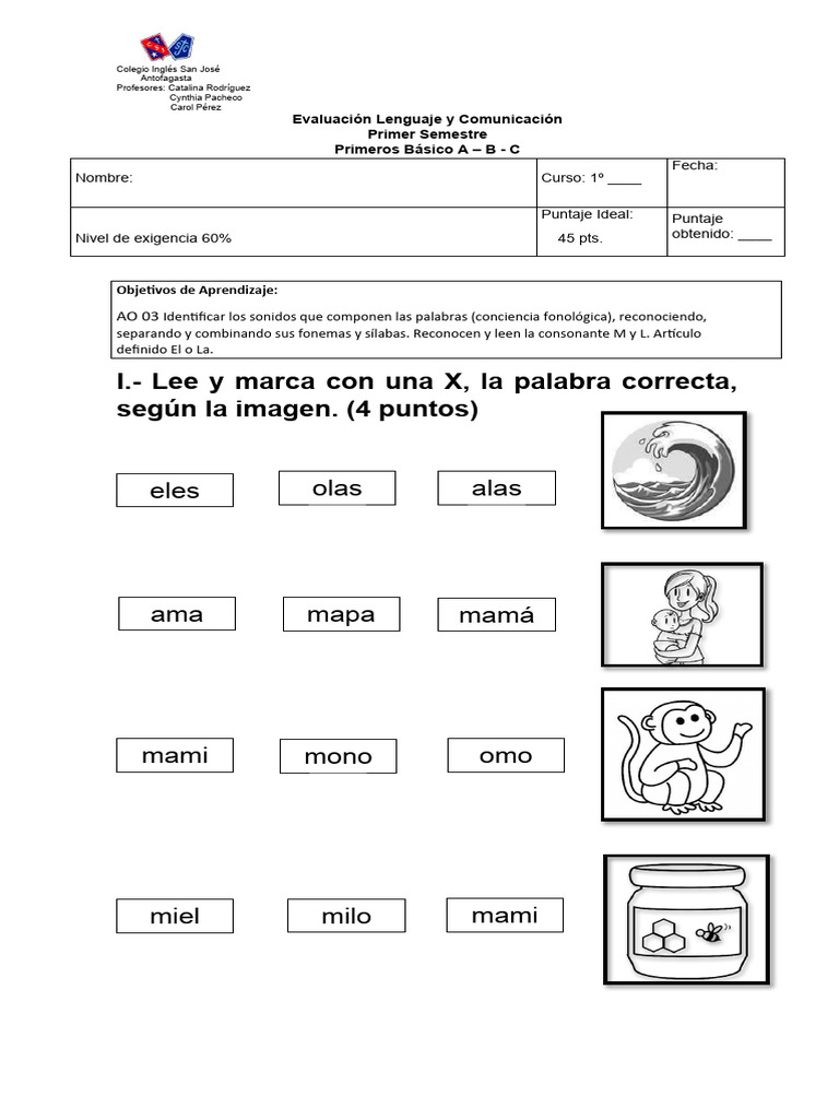 Evaluación Lenguaje Letra M Y L Pdf