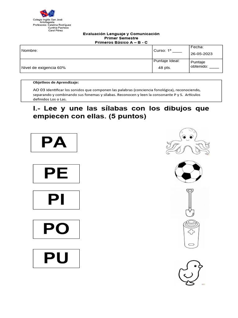 Evaluación Lenguaje, LETRA P y S | PDF