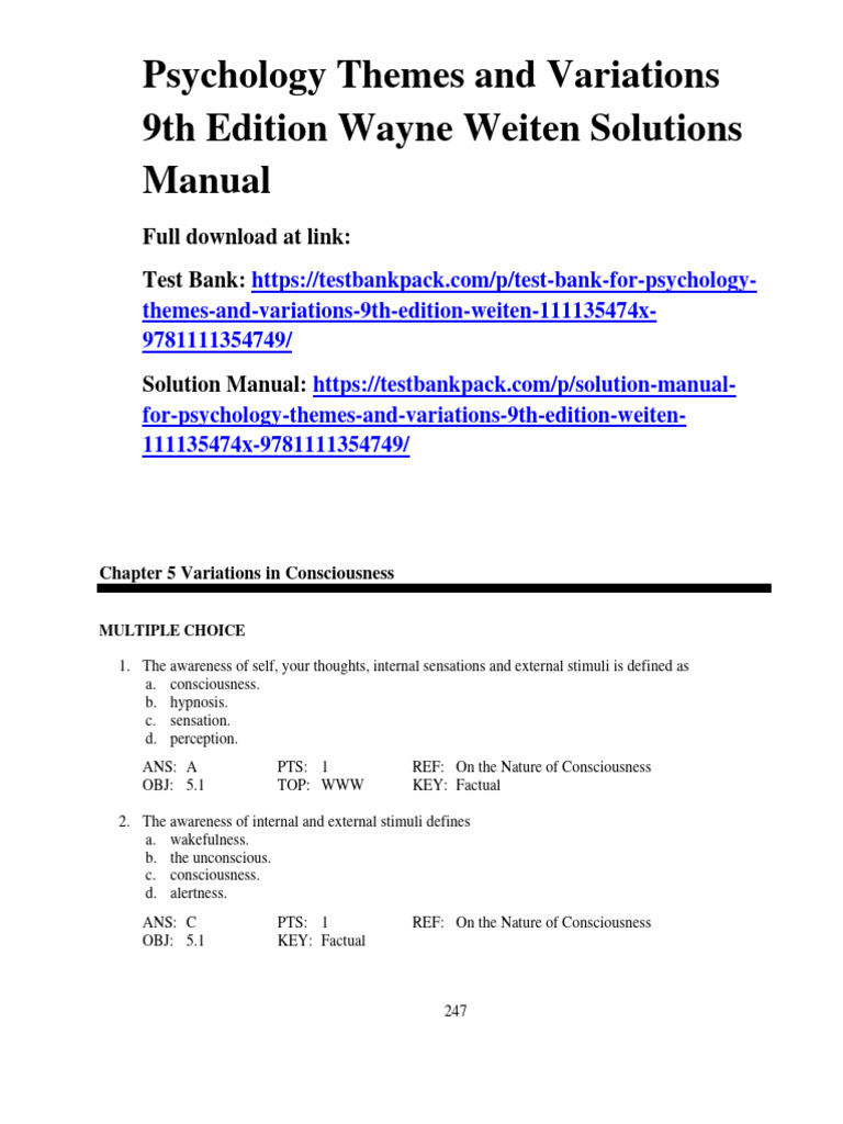 Psychology Themes and Variations 9th Edition Wayne Weiten Test Bank 1 | PDF