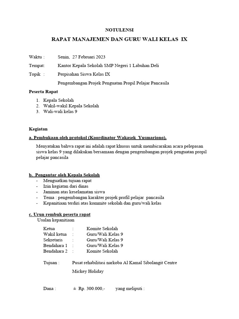 NOTULENSI - Rapat Perpisahan Kelas 9 | PDF