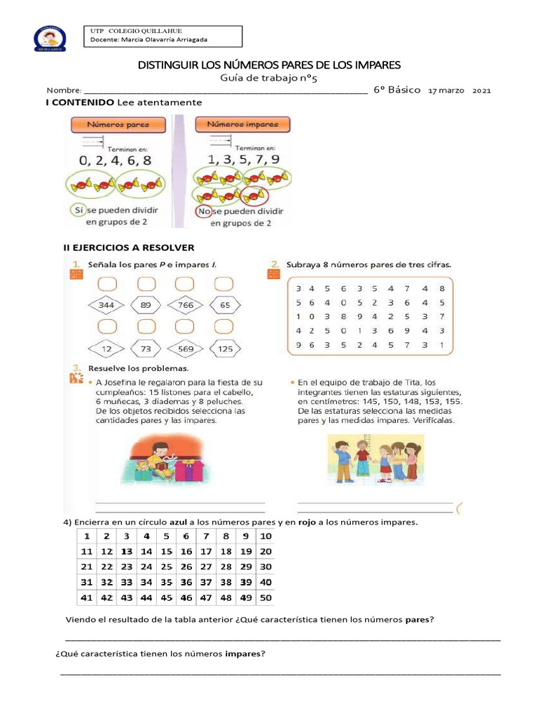 6°U1 - G5 Guia de T° Números Pares e Impares | PDF