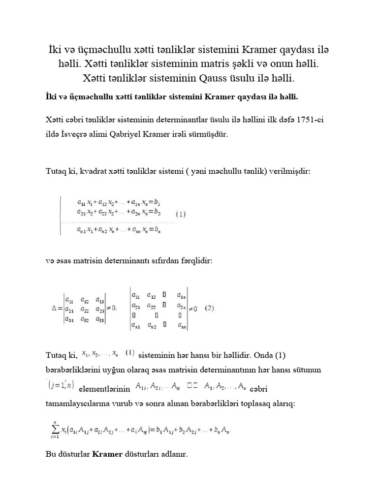 Ki V M Chullu X Tti T Nlikl R Sistemini Kramer Qaydas Il H | PDF