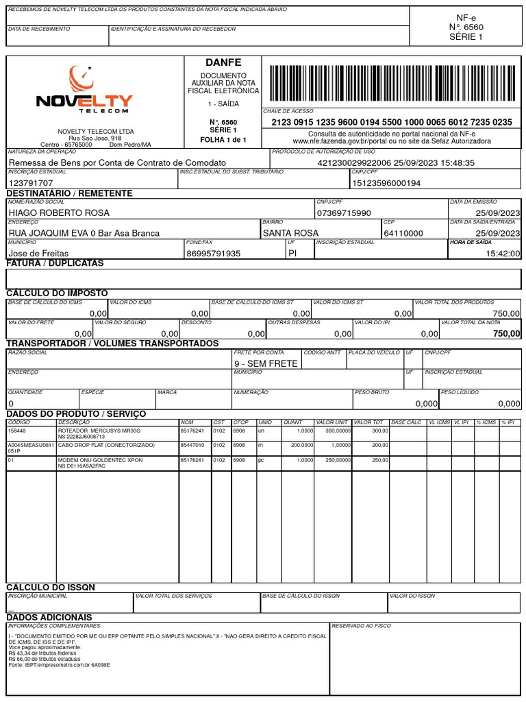 NFe21230915123596000194550010000065601272350235-danfe (1) | PDF | Recibo | Documento