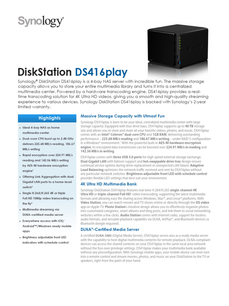 Synology DS416play Data Sheet Enu | PDF
