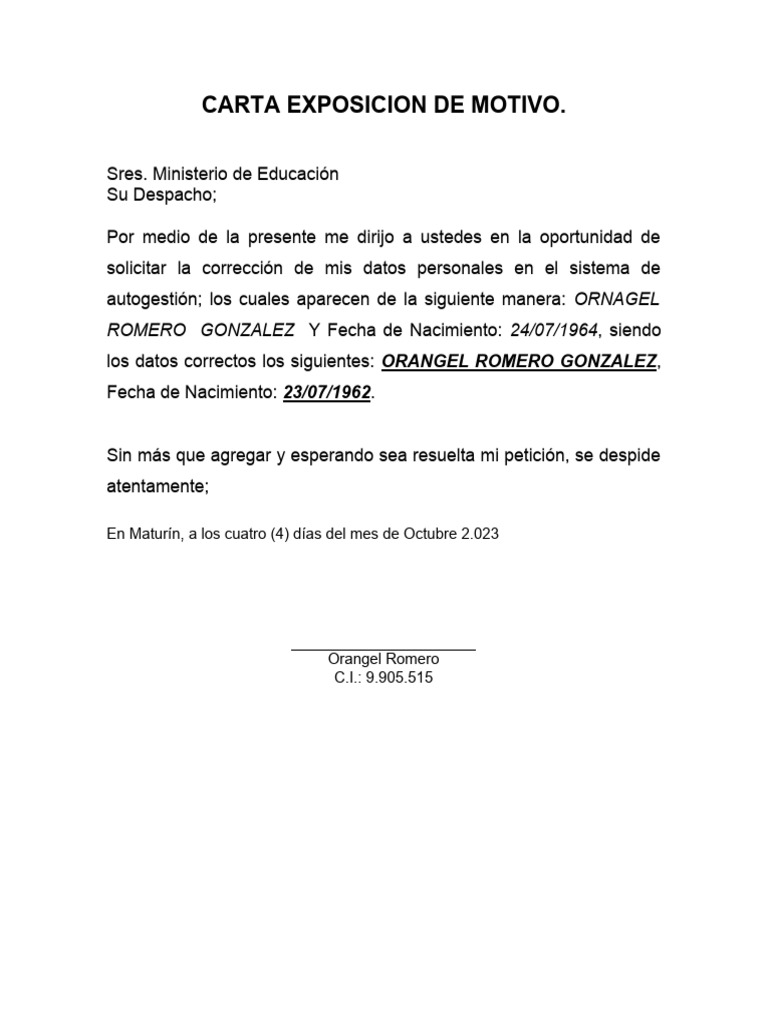 Carta Exposicion de Motivo | PDF