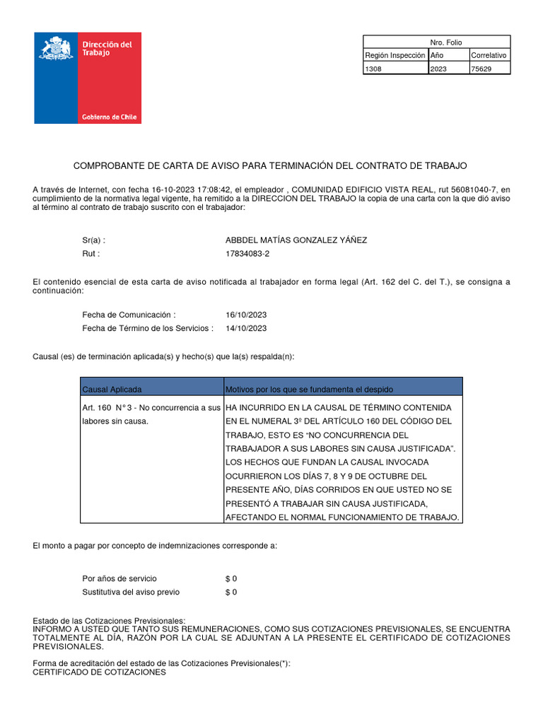 Carta de Aviso de Terminación Laboral | PDF