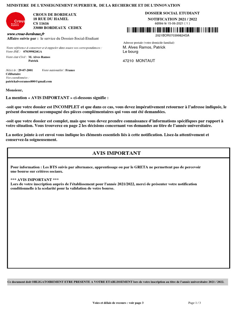 Notifaction Crous | PDF