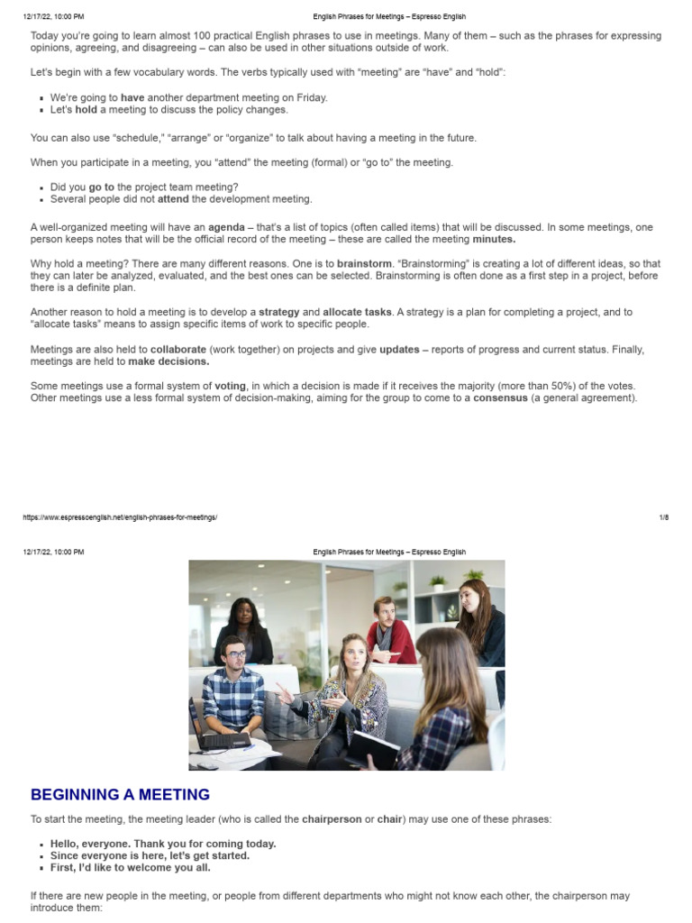 English Phrases For Meetings Espresso English Pdf English