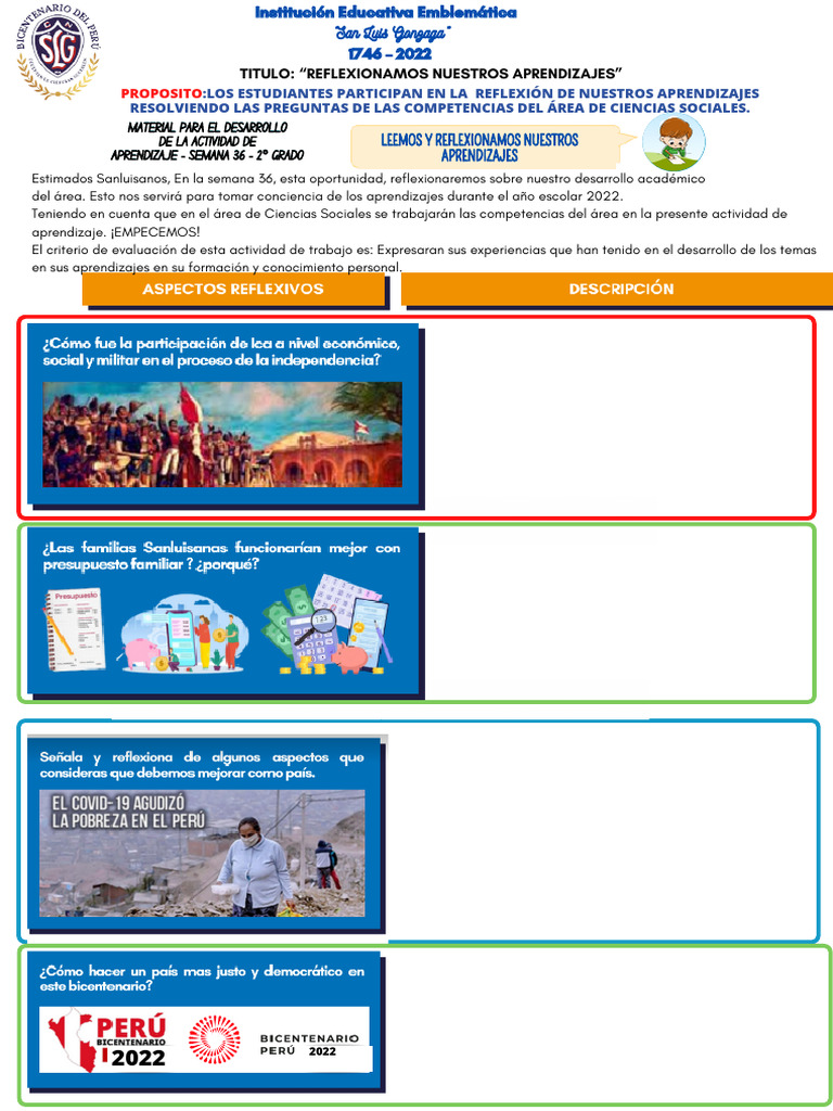 SEMANA 36 - Reflexionamos Nuestros Aprendizajes - CCSS | PDF
