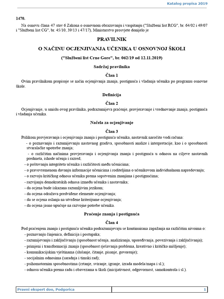 Pravilnik o Nacinu Ocjenjivanja Ucenika U Osnovnoj Skoli 2019 | PDF