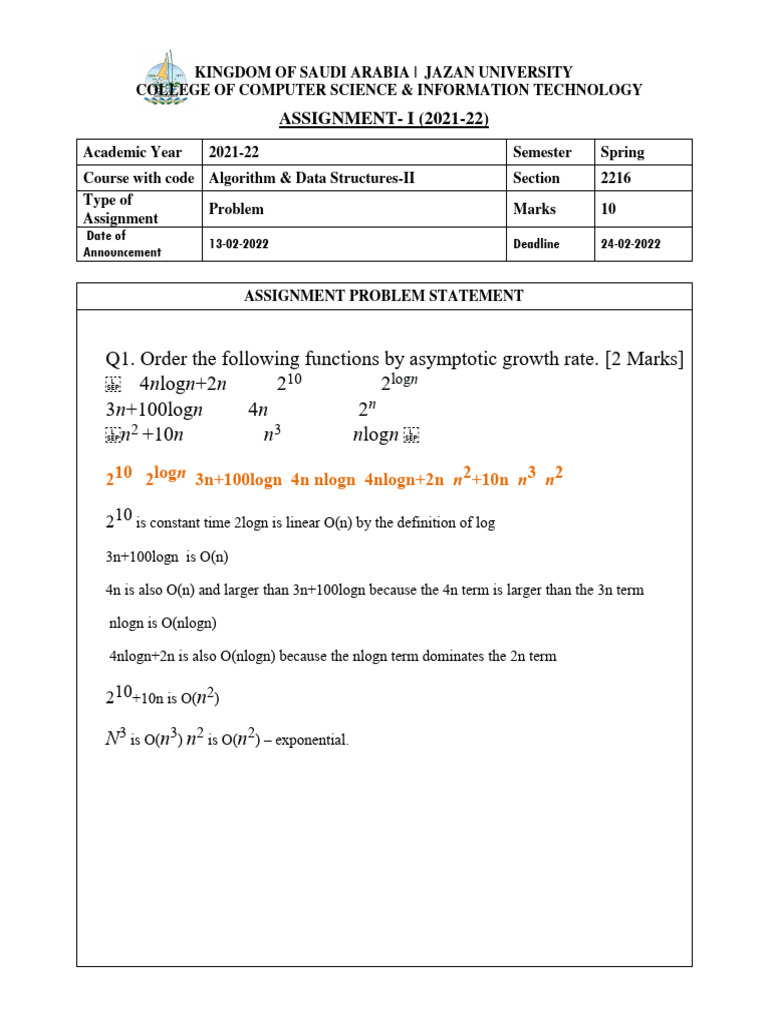 Assignment 1 - G2216 - 2022 | PDF | Time Complexity | Computer Science