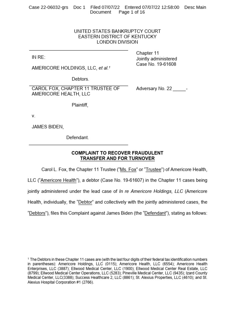 US Bankruptcy Court Complaint | PDF | Bankruptcy | Bankruptcy In The ...