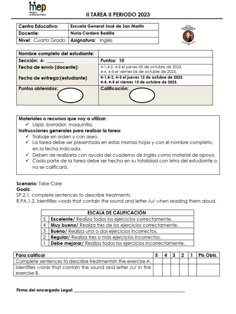 Inglés-Nuria Cordero Badilla. Tarea #2 4° Adecuación - II Periodo 2023 | PDF