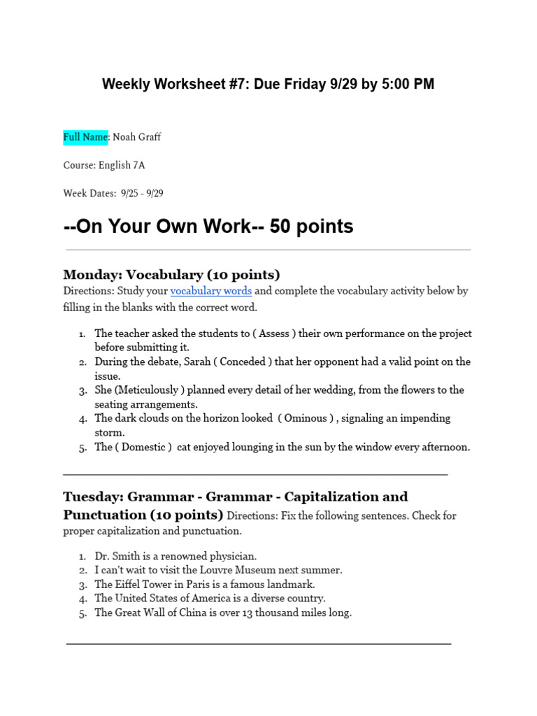 English 7A Week 7 Worksheet | PDF | Foreign Language Studies