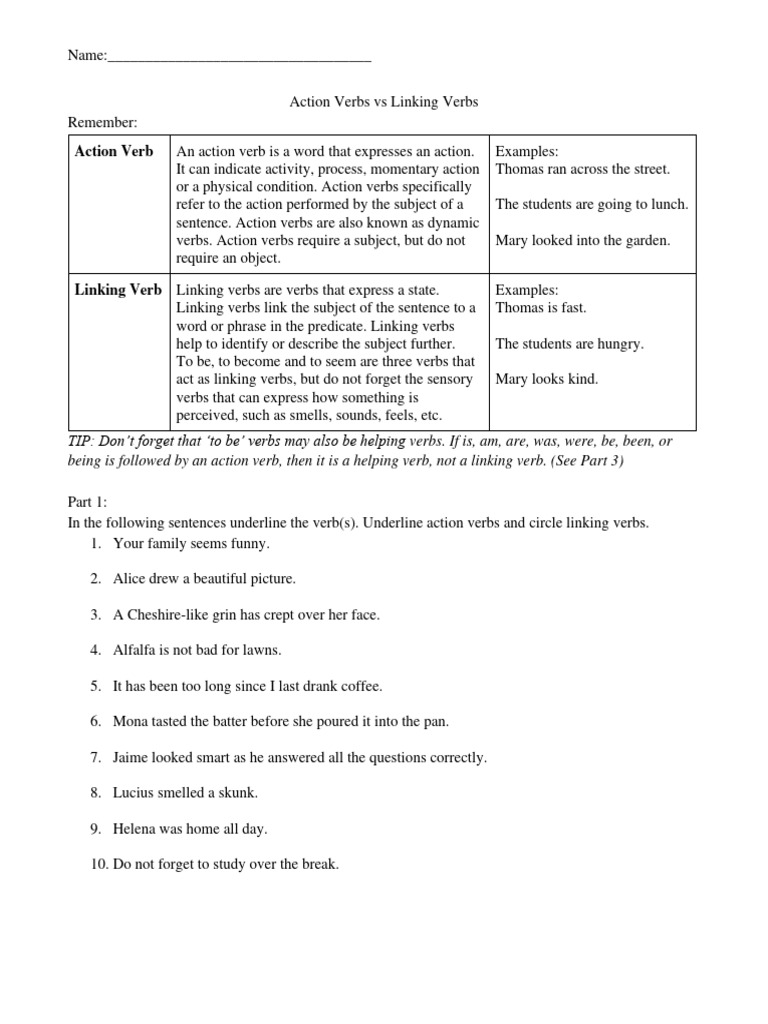 Action vs Linking Verbs Worksheet | PDF | Verb | Subject (Grammar)