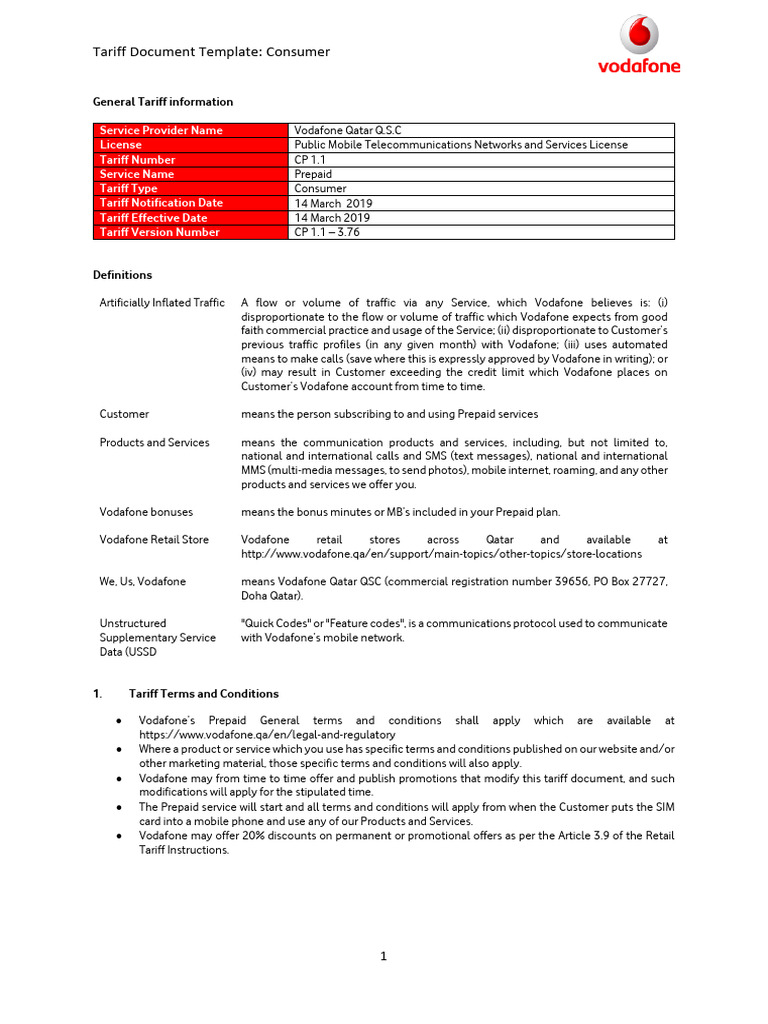 Tariff Document Template: Consumer | PDF | Credit Card | Roaming