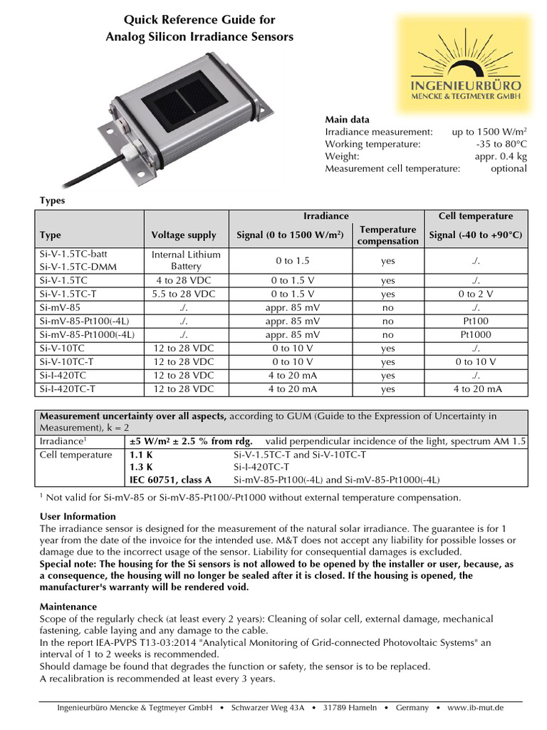 Quick Reference for Si Irradiance Sensors | PDF | Electricity ...