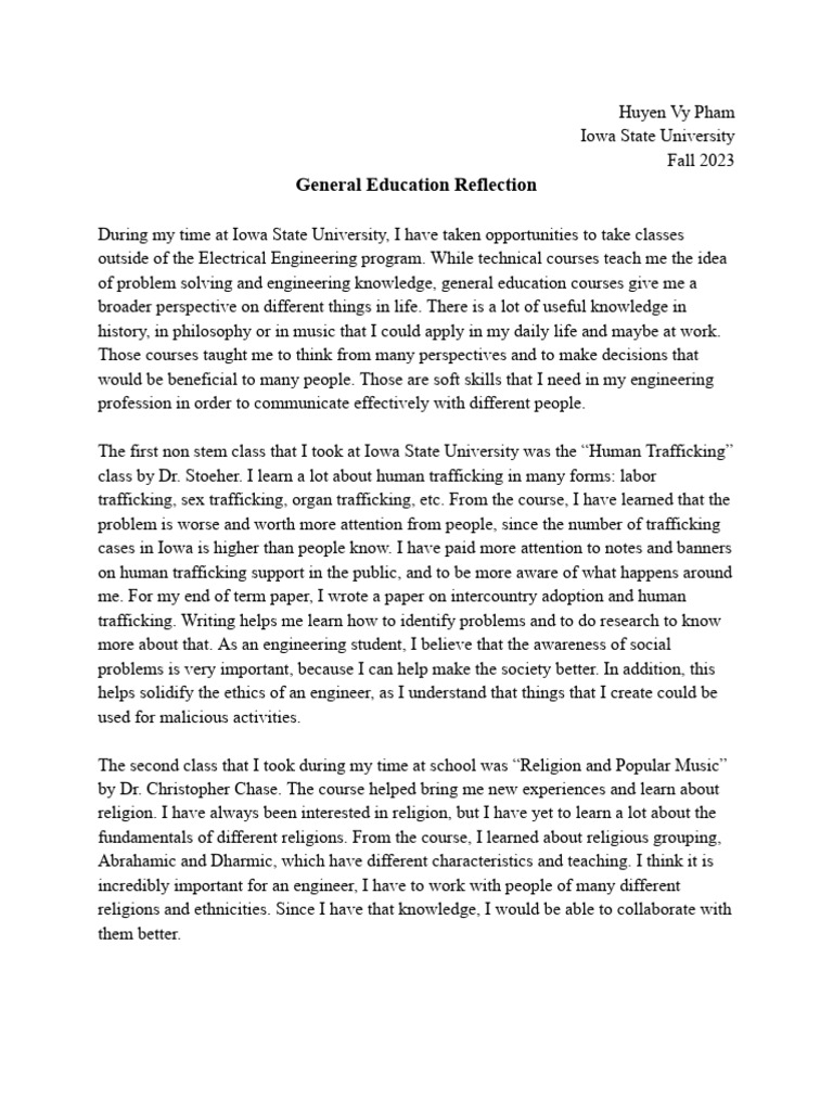 General Education Reflection - Ee494 - Huyen Vy Pham | PDF | Knowledge | Engineering