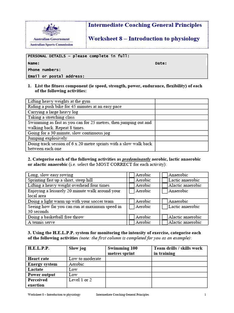 Intermediate Coaching General Principles Worksheet 8 - Introduction To Physiology | PDF