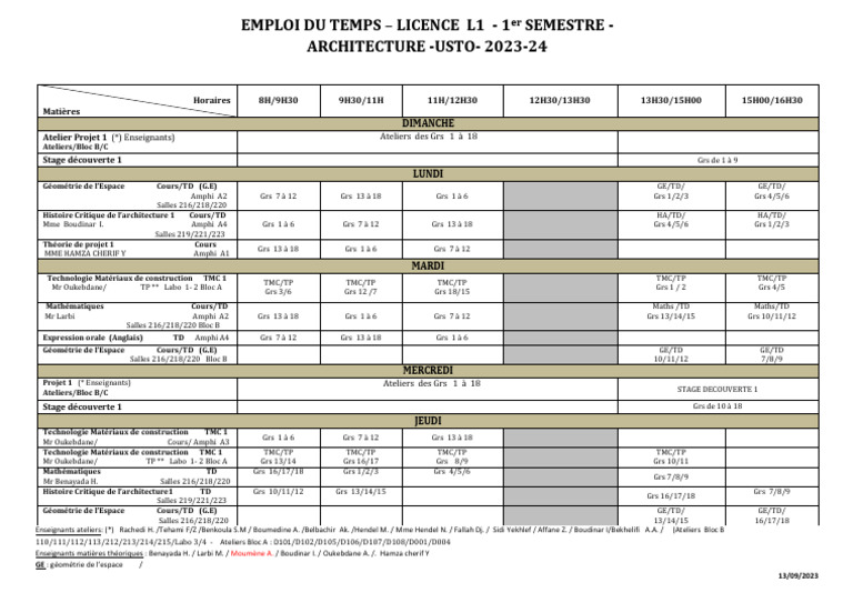 1NP Emploi Temps L1 S1 2023 24 | PDF