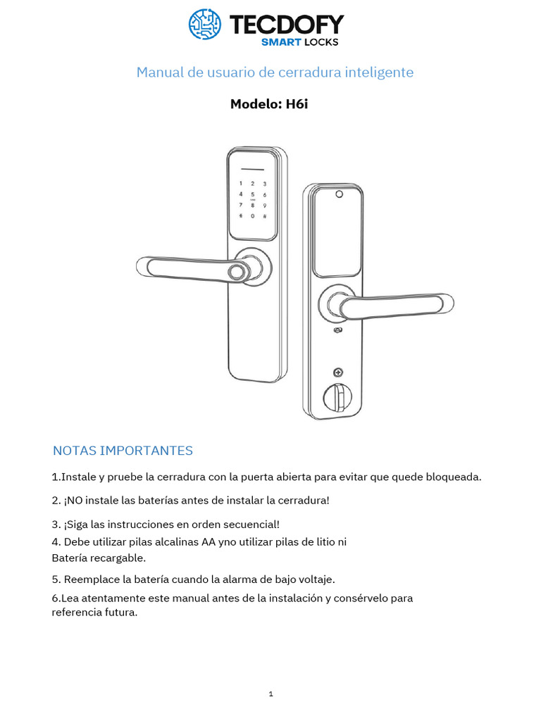 MANUAL DE INSTALACIÓN CERRADURA H6I TECDOFY | PDF | Tornillo | Contraseña