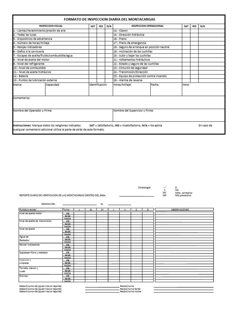 Hoja de Inspeccion Diaria Del Montacargas | PDF Hoja de Inspeccion Diaria Del Montacargas | PDF