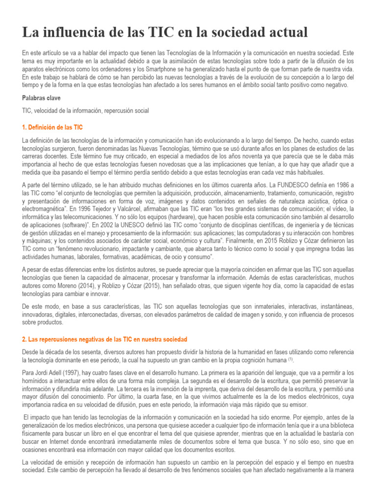 La Influencia de Las TIC en La Sociedad Actual | PDF | Tecnología de información y ...