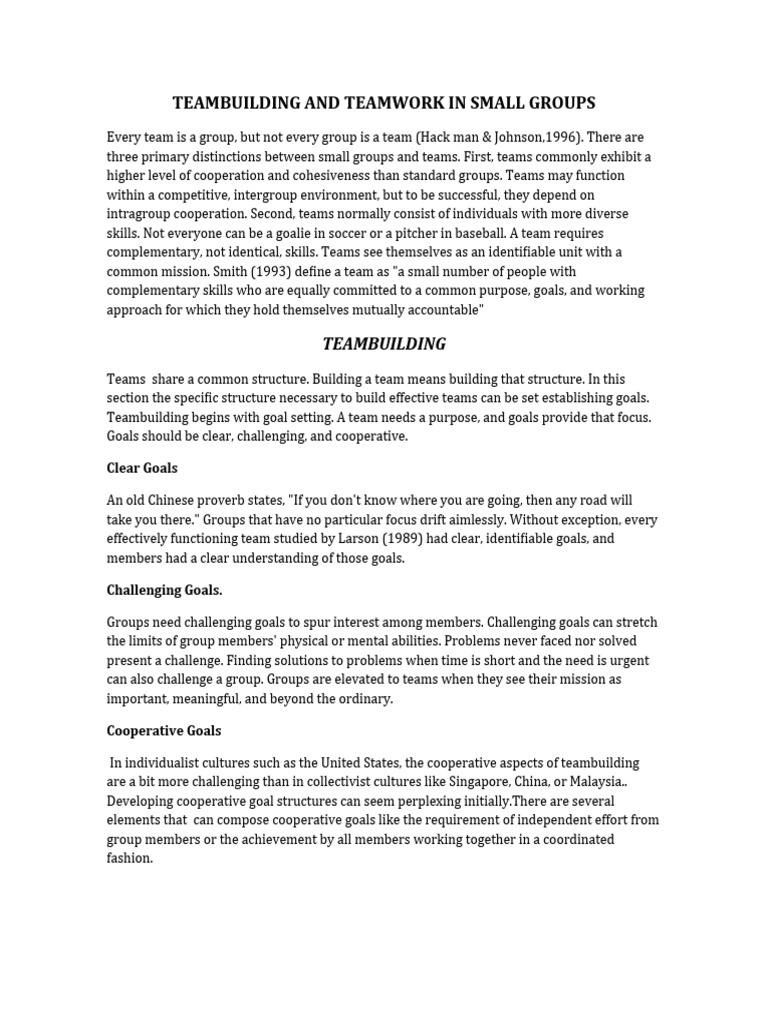 Teambuilding and Teamwork in Small Groups. | PDF