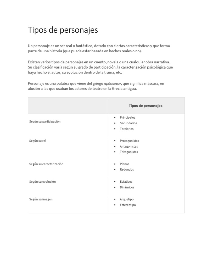 Clasificación de Tipos de Personajes | PDF