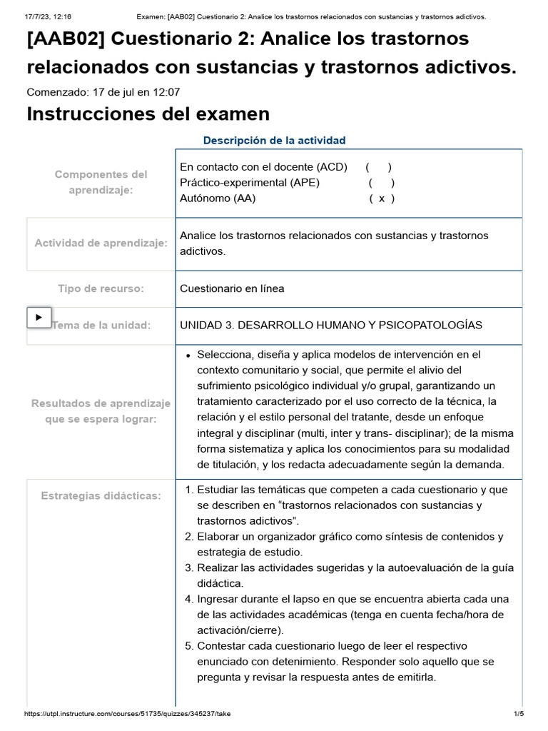 Examen - (AAB02) Cuestionario 2 - Analice Los Trastornos Relacionados Con Sustancias y ...