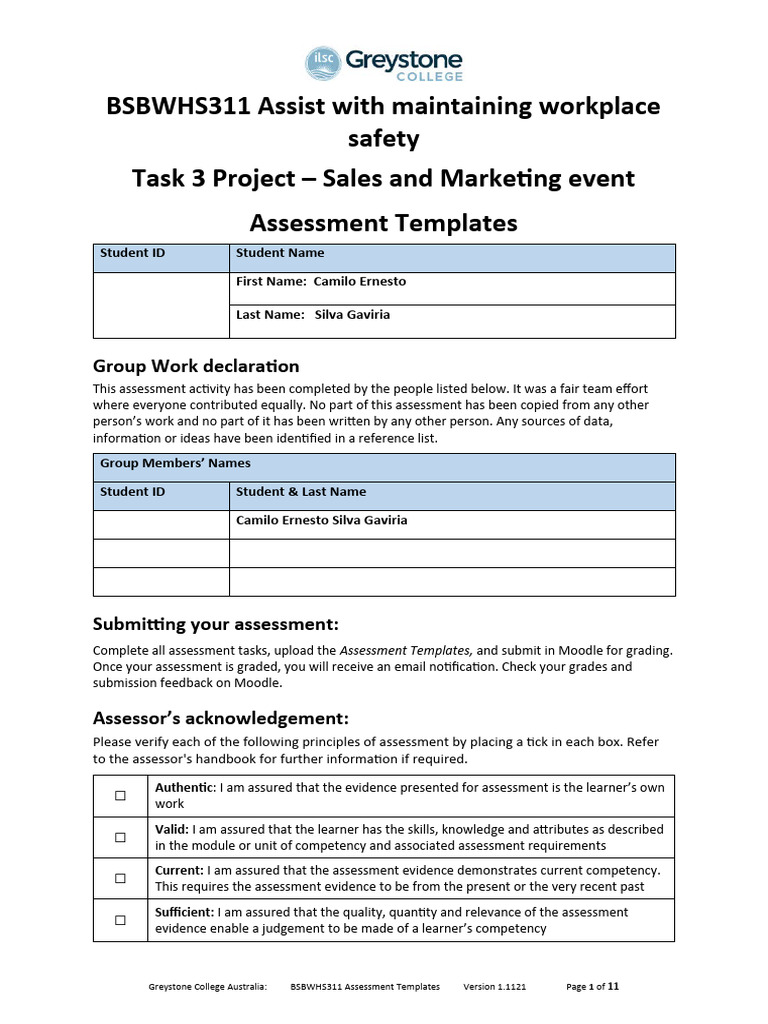 BSBWHS311 Task 3 Assessment Templates V1.1121 | PDF | Occupational ... BSBWHS311 Task 3 Assessment Templates V1.1121 | PDF | Occupational ...