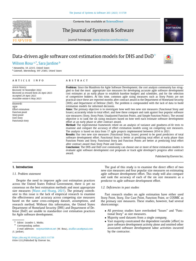 Data-Driven Agile Software Cost Estimation Models For DHS and DoD | PDF