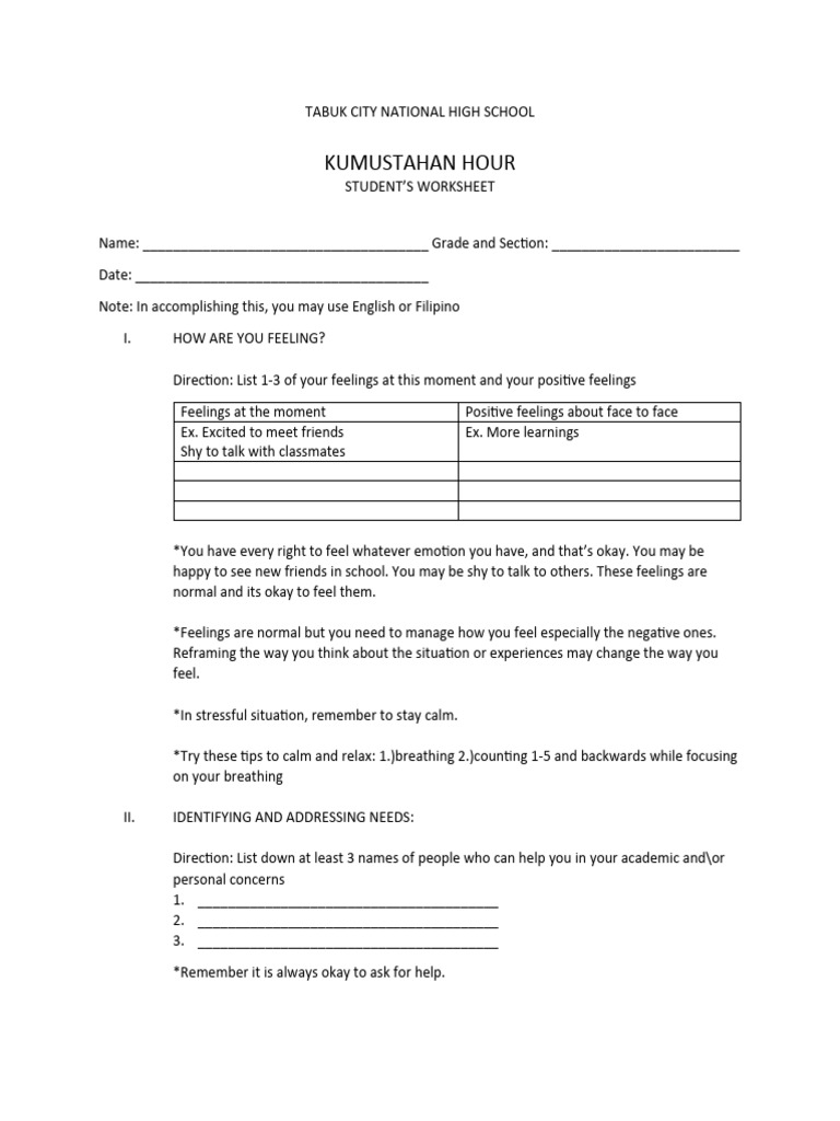 Kumustahan Worksheet | PDF | Feeling | Subjective Experience