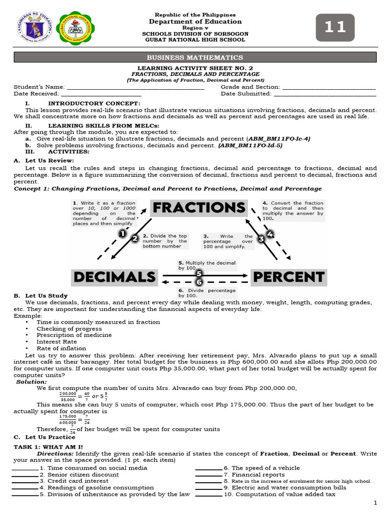 LAS 2 Business Math Application of Fractions Percents and Decimals | PDF
