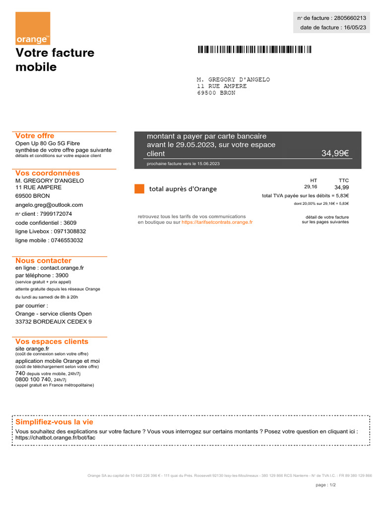 Facture Internet Orange - Mai 2023 | PDF | Facture | Secteurs du service