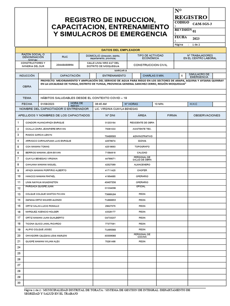 01 Agosto Registro Yunga de Induccion, Capacitacion, Entrenamiento | PDF
