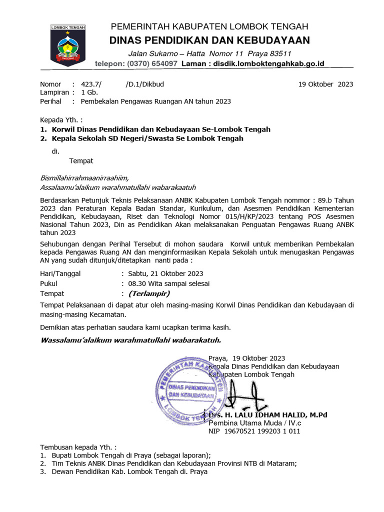 Surat Pengawas Ruang ANBK - 2023 Oc | PDF