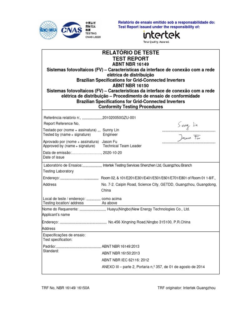 Relatório de Teste Test Report | PDF