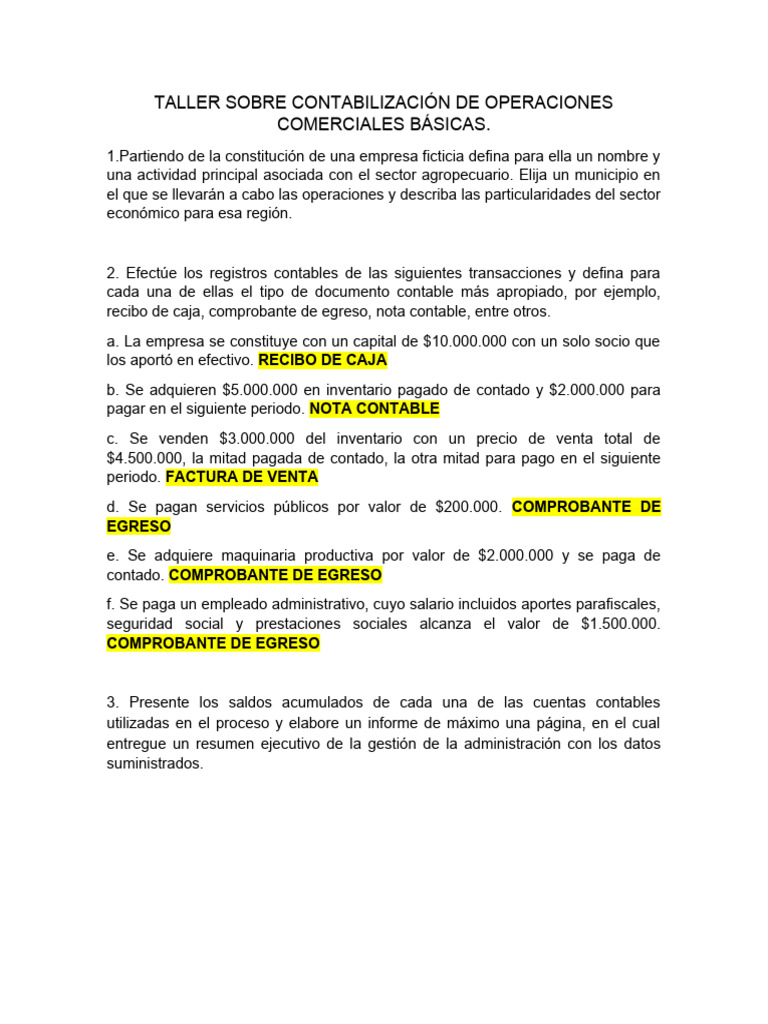 Taller Sobre Contabilización de Operaciones Comerciales Básicas | PDF