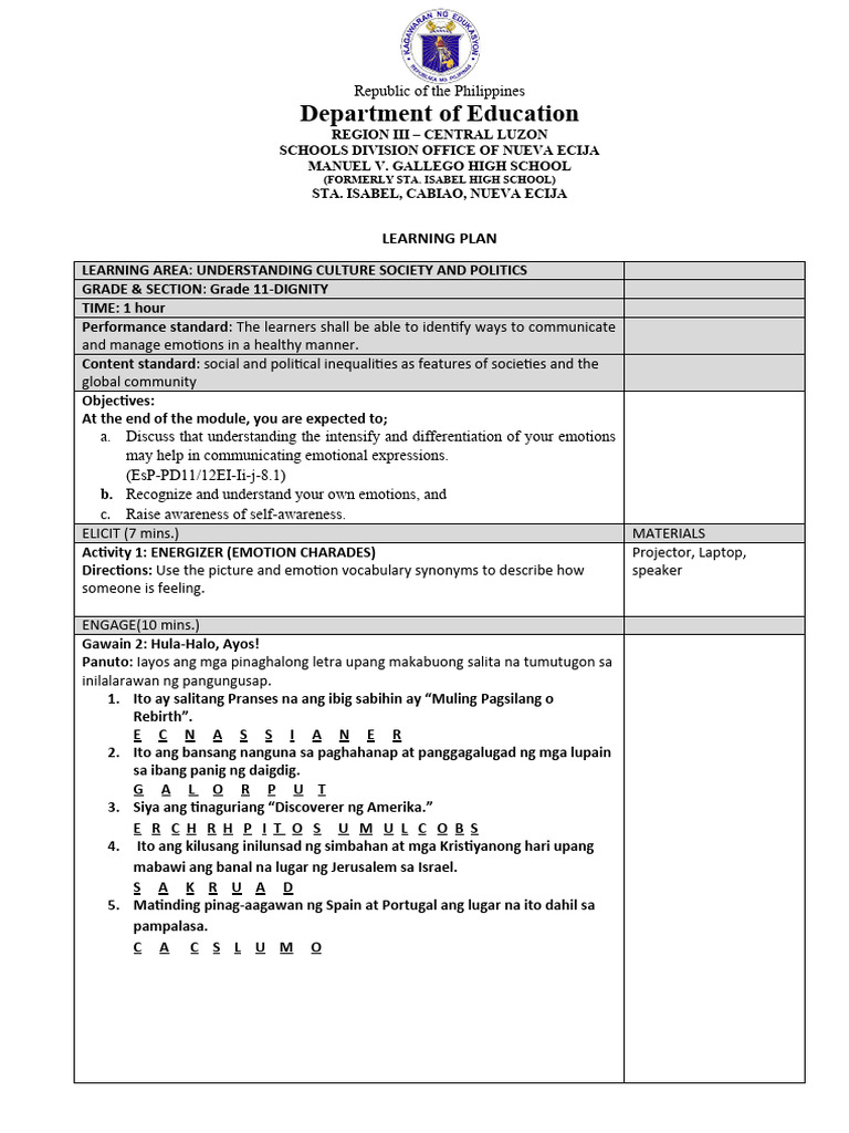 Learning Plan COT 1 | PDF
