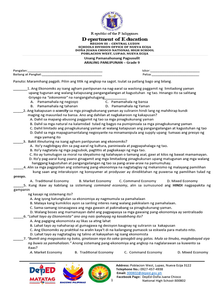 Unang Pamanahunan Grade 9 With MATATAG LOGO | PDF