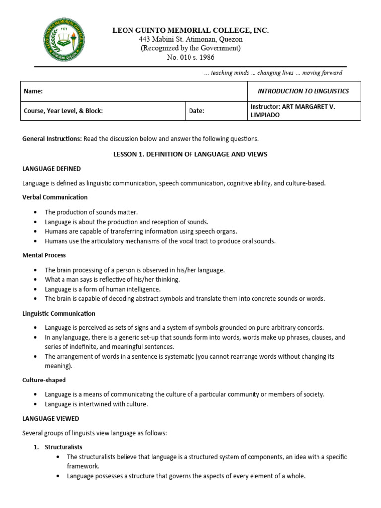 Introduction To Linguistics Lesson One Handouts | PDF | Linguistics ...