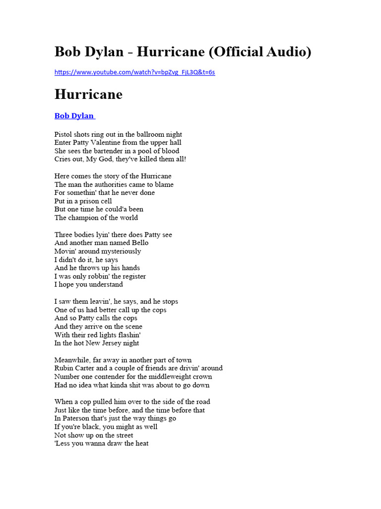 Bob Dylan Hurricane Official Audio Pdf Mystery Thriller